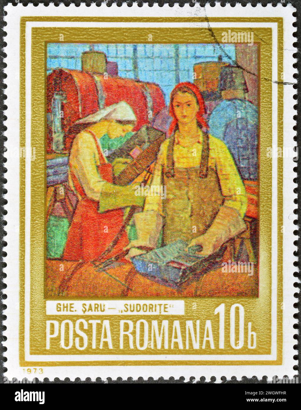 Cancelled postage stamp printed by Romania, that shows painting Female ...