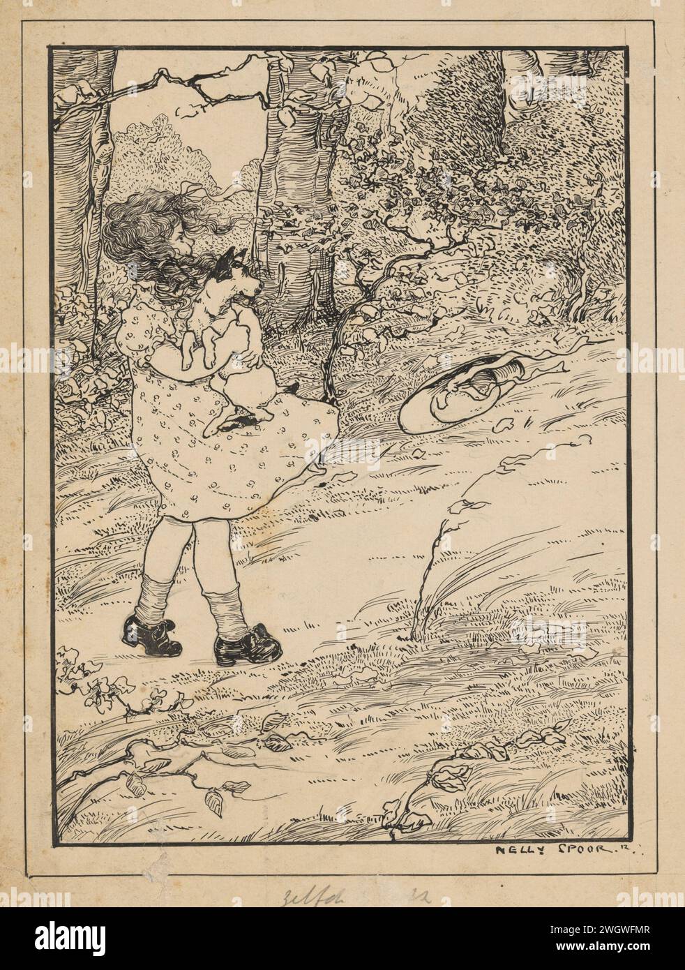 Girl wears a dog on a windy forest path, 1912 drawing A girl holds a ...