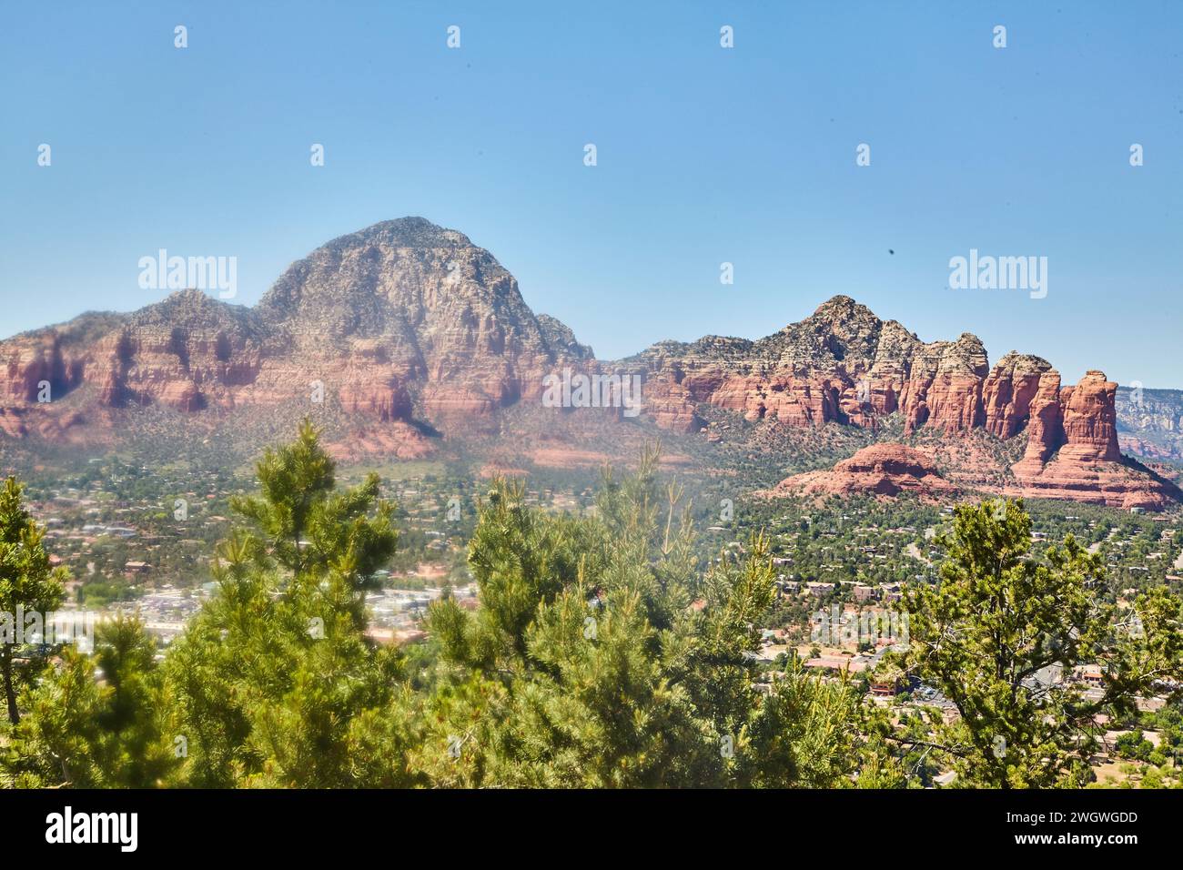 Sedona Red Rock Mountains with Lush Greenery and Community Stock Photo ...