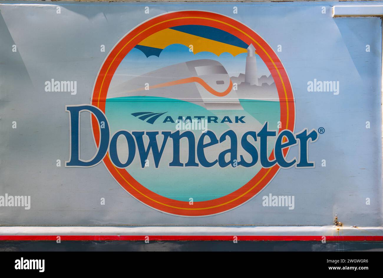Amtrak Downeaster sign on locomotive at Exeter Train Station in summer ...