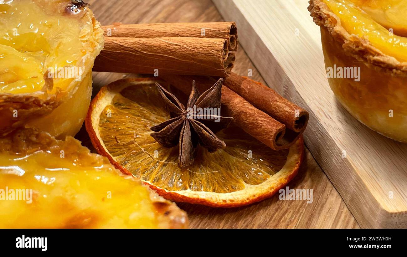 Lots of desserts Pastel de nata or Portuguese egg tart and cinnamon ...