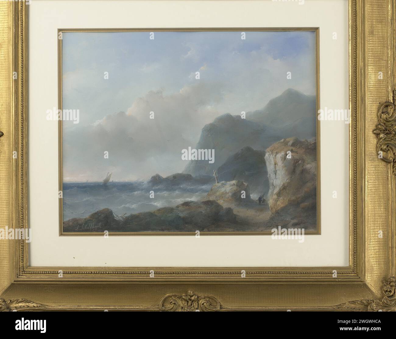 A rocky coast, Andreas Schelfhout, 1852 drawing A rocky coastal ...