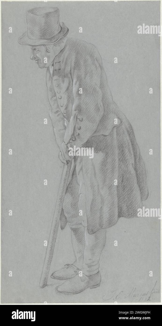 Old man leaning on a stick, Jacob Ernst Marcus, 1802 drawing prepared ...