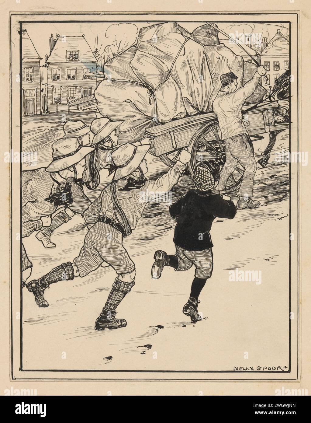 Scouts running behind a packed horse cart, 1917 drawing A group of four ...