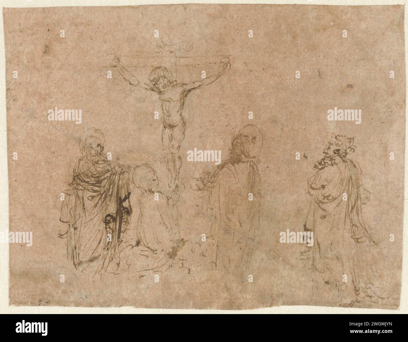 Crucifixion with four figures, Giovanni Badile (I), c. 1450 - c. 1474 drawing prepared paper ...