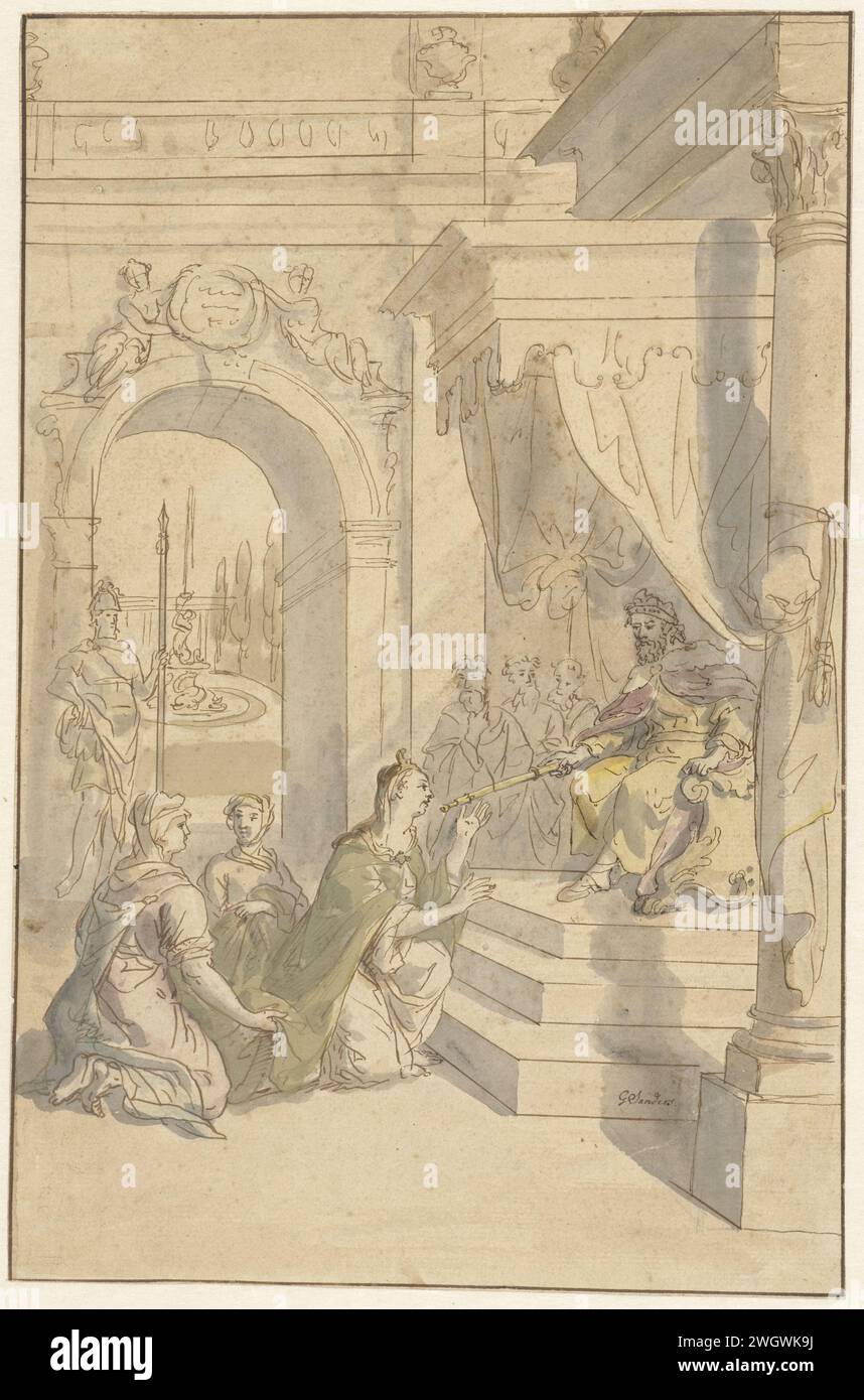 Esther before Ahasveros, Gerard Sanders, 1712 - 1767 drawing paper. ink ...