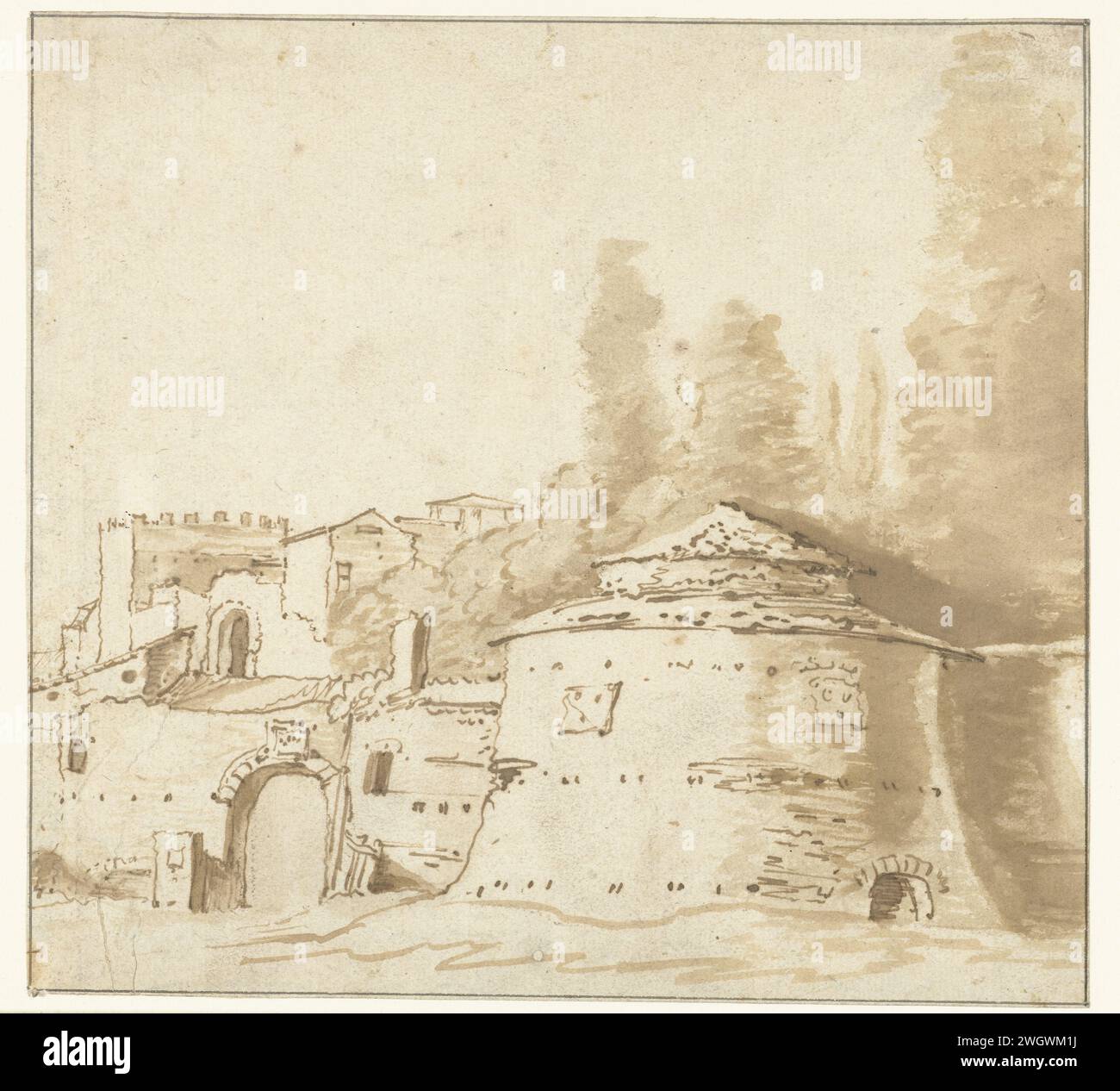 Italian building with a heavy round tower, Jan Both (attributed to ...