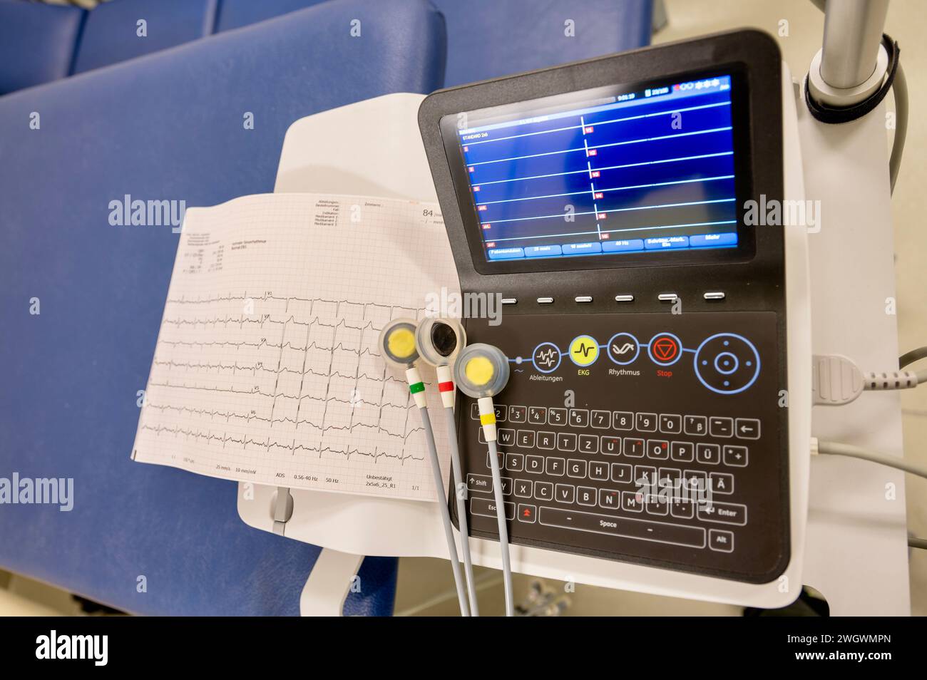 Electrocardiogram device with leads and findings Stock Photo - Alamy