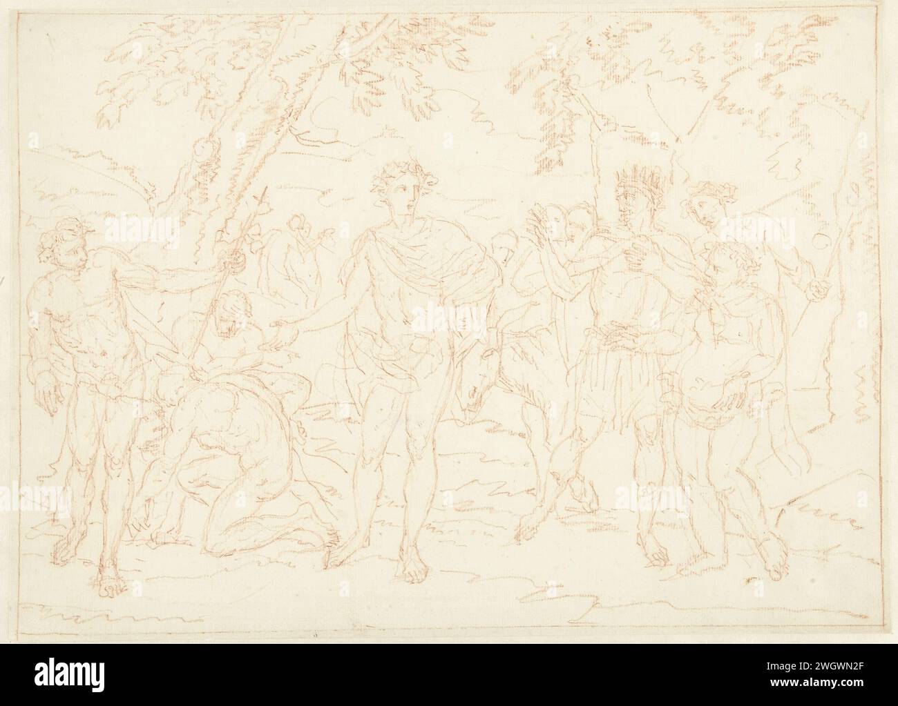 Mythological show with man standing between two groups of spectators ...