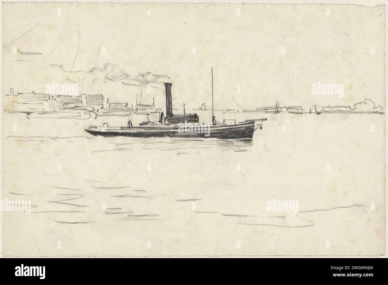 Tugboat on River, Adolf Le Comte, 1860 - 1921 drawing paper. chalk tug ...