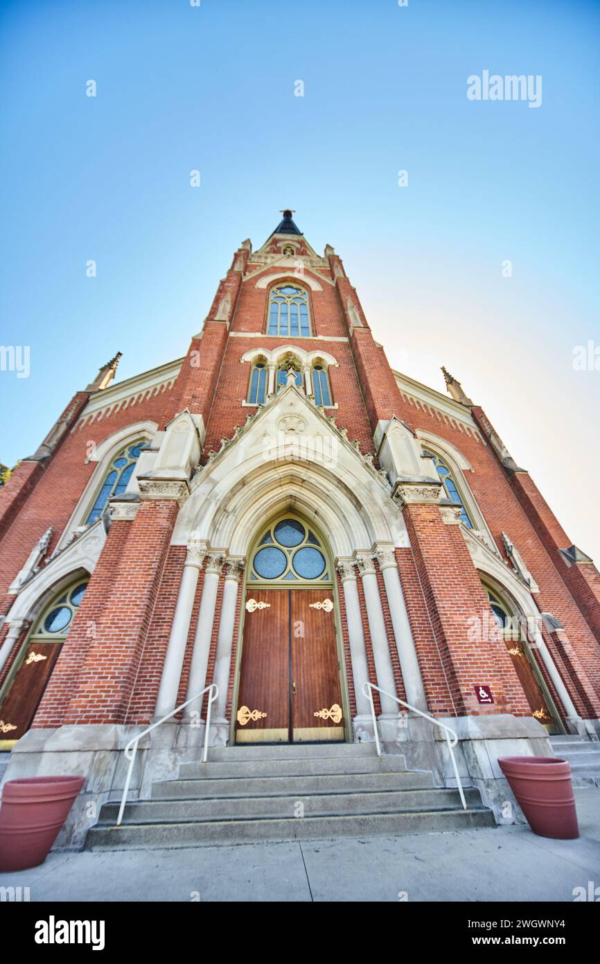 Gothic Red Brick Church Facade, Blue Sky, Low Angle Perspective Stock ...