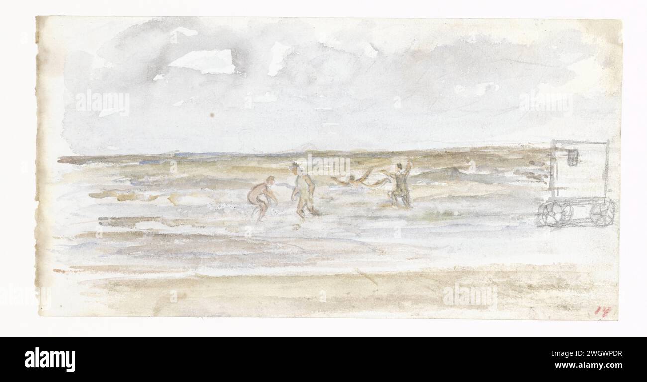 Bathers in the sea and a beach coach, Jozef Israëls, 1834 - 1911 ...
