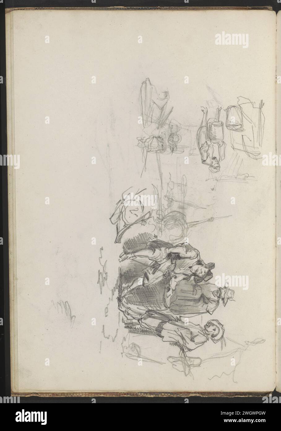 Men on a quay, 1837 - 1881 Three men stand and sit around a barrel and ...