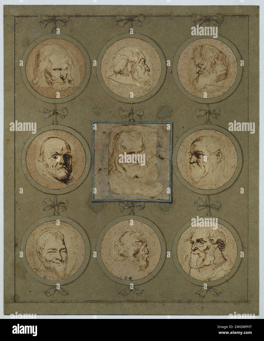 Collective sheet with nine study heads in medallions, Anthony Van Dyck ...