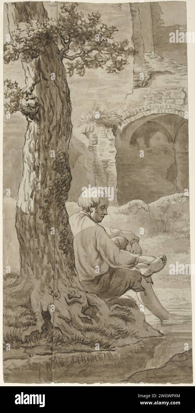 Man under a tree near a water, Jacob van Strij, 1766 - 1815 drawing A ...
