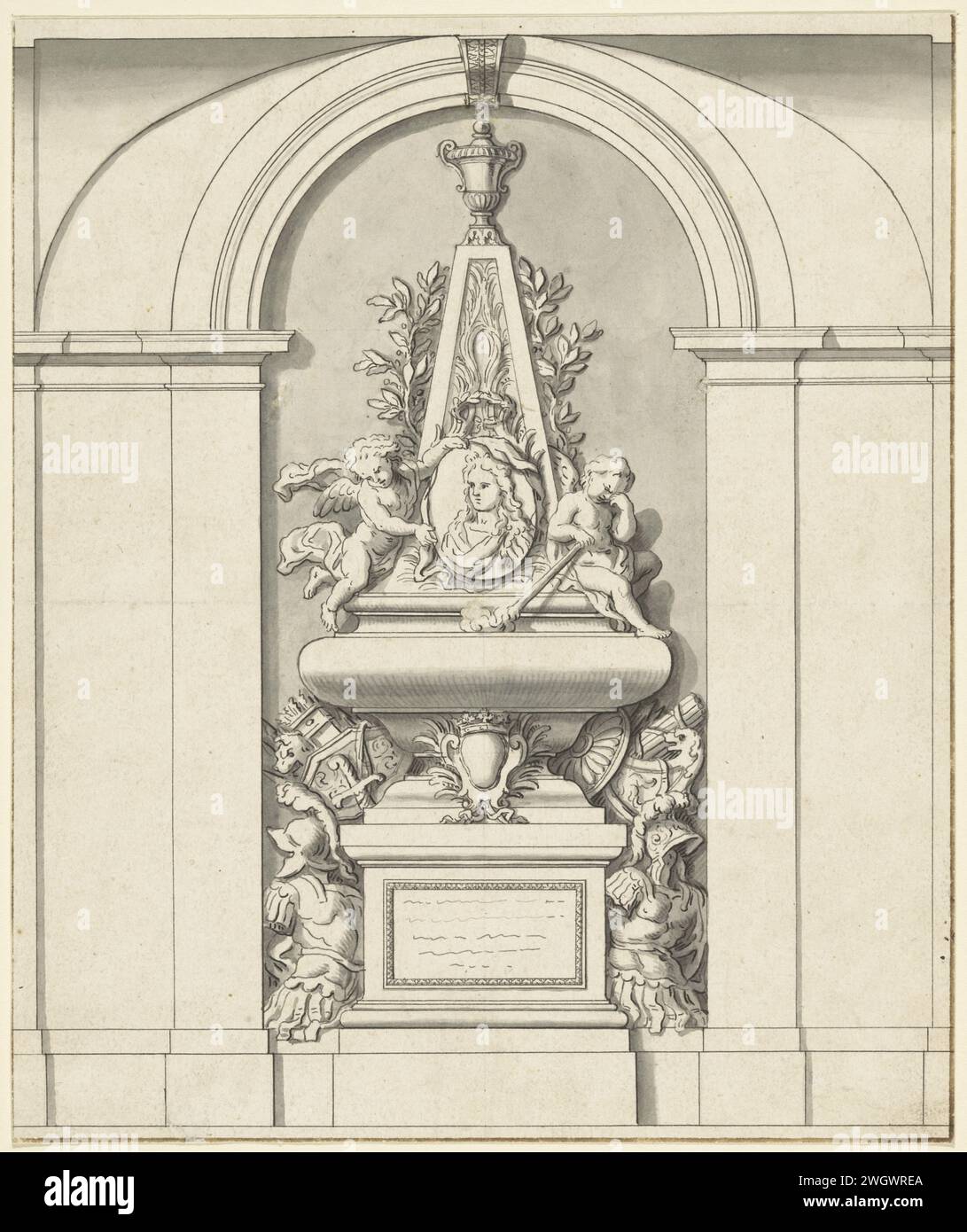 Grave monument with putti, medallion and weapons, anonymous, 1650 - 1800 drawing A burial ...