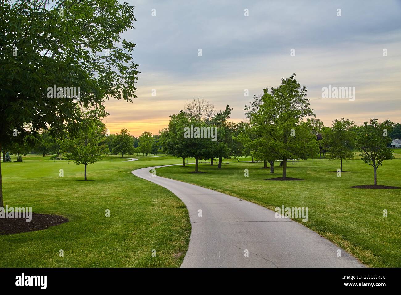 Serene Sunset Park with Winding Pathway and Lush Trees Stock Photo - Alamy