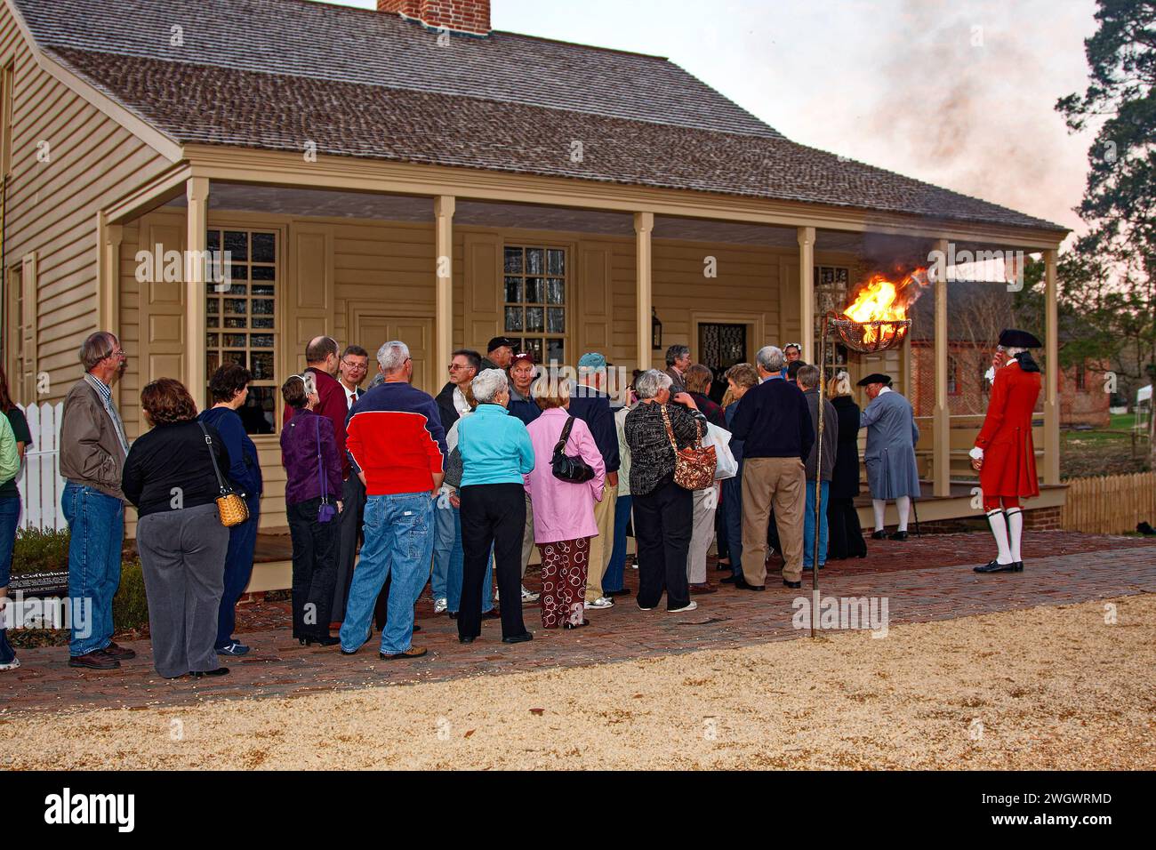 crowd, people waiting to enter Charlton Coffee House, cressets burning ...