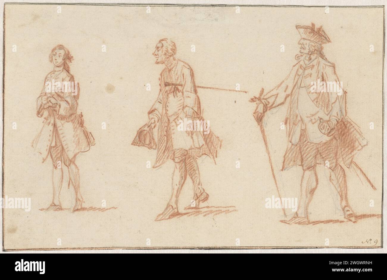 Three male figures, two with stick and stab, Cornelis Troost, 1706 ...