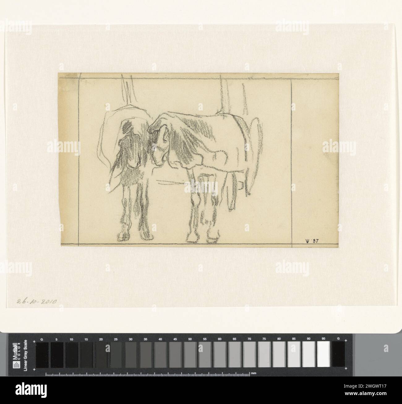 Two draft horses resting for a car, Jan Veth, 1887 drawing paper. chalk ...