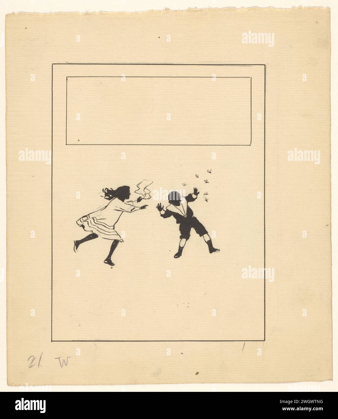 Girl chases wasps away from boy, anonymous, c. 1880 - c. 1910 drawing ...