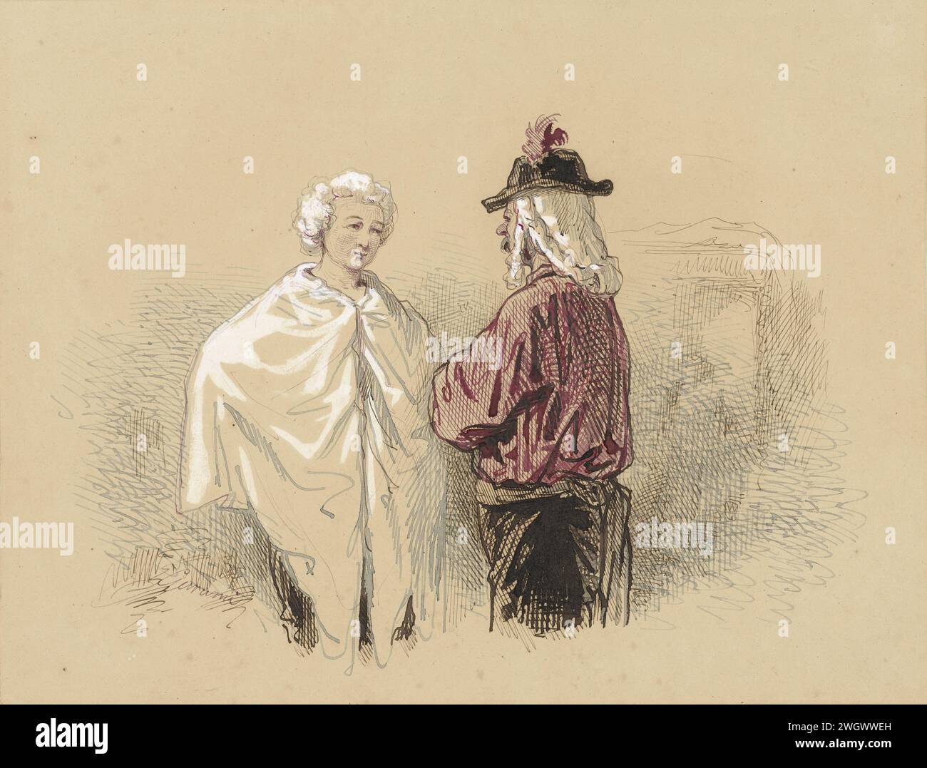 Two men in conversation, Paul Gavarni, 1814 - 1866 drawing France paper ...