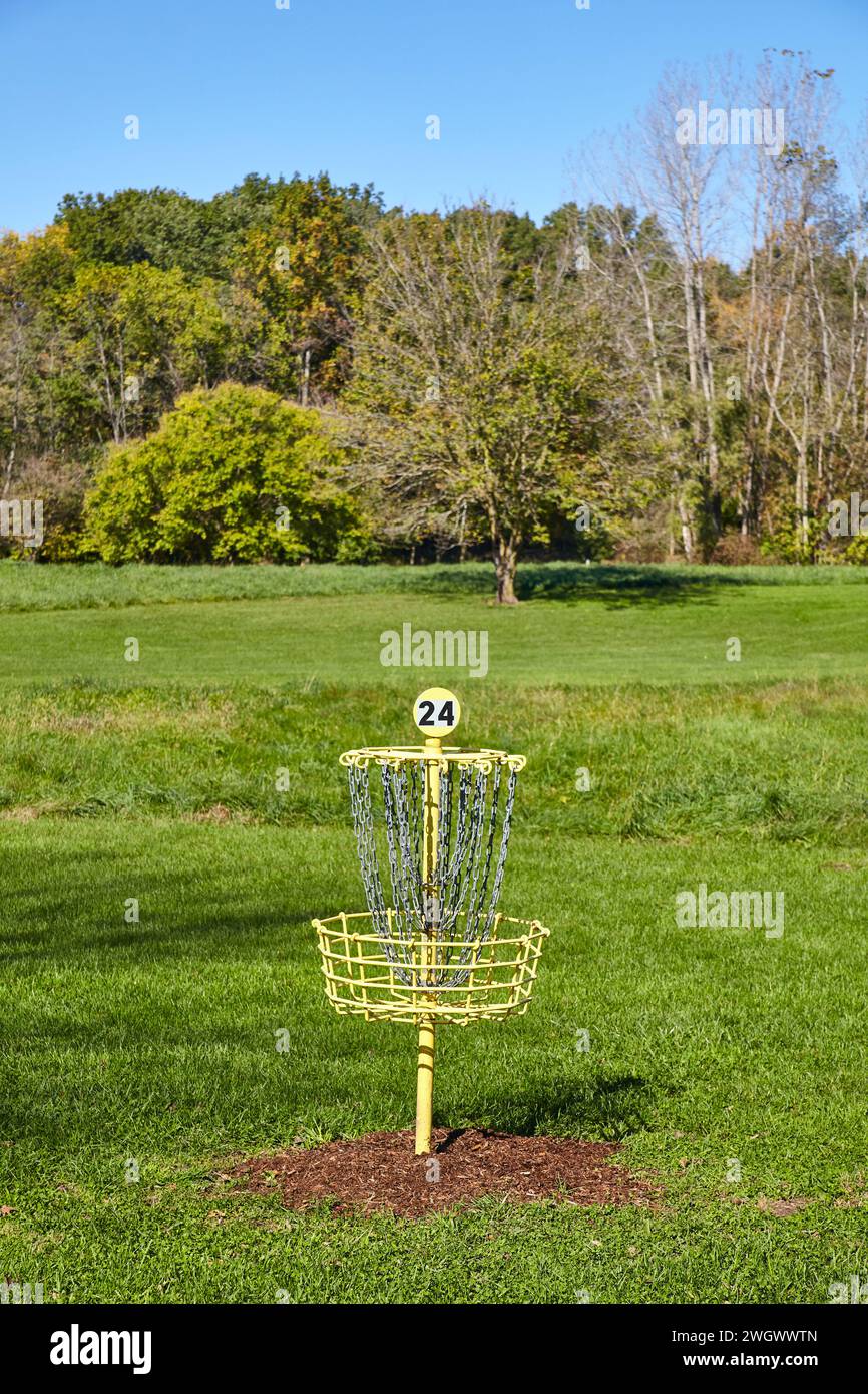 Sunny Disc Golf Basket in Park with Autumn Trees Stock Photo - Alamy