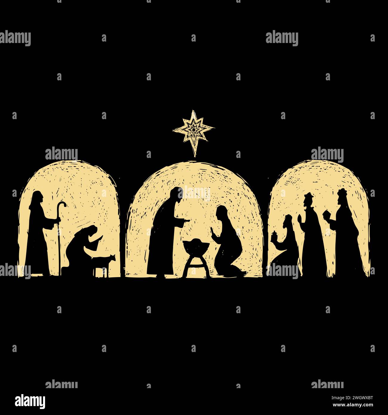Hand drawn nativity scene. Wise men and shepherds come to worship the ...