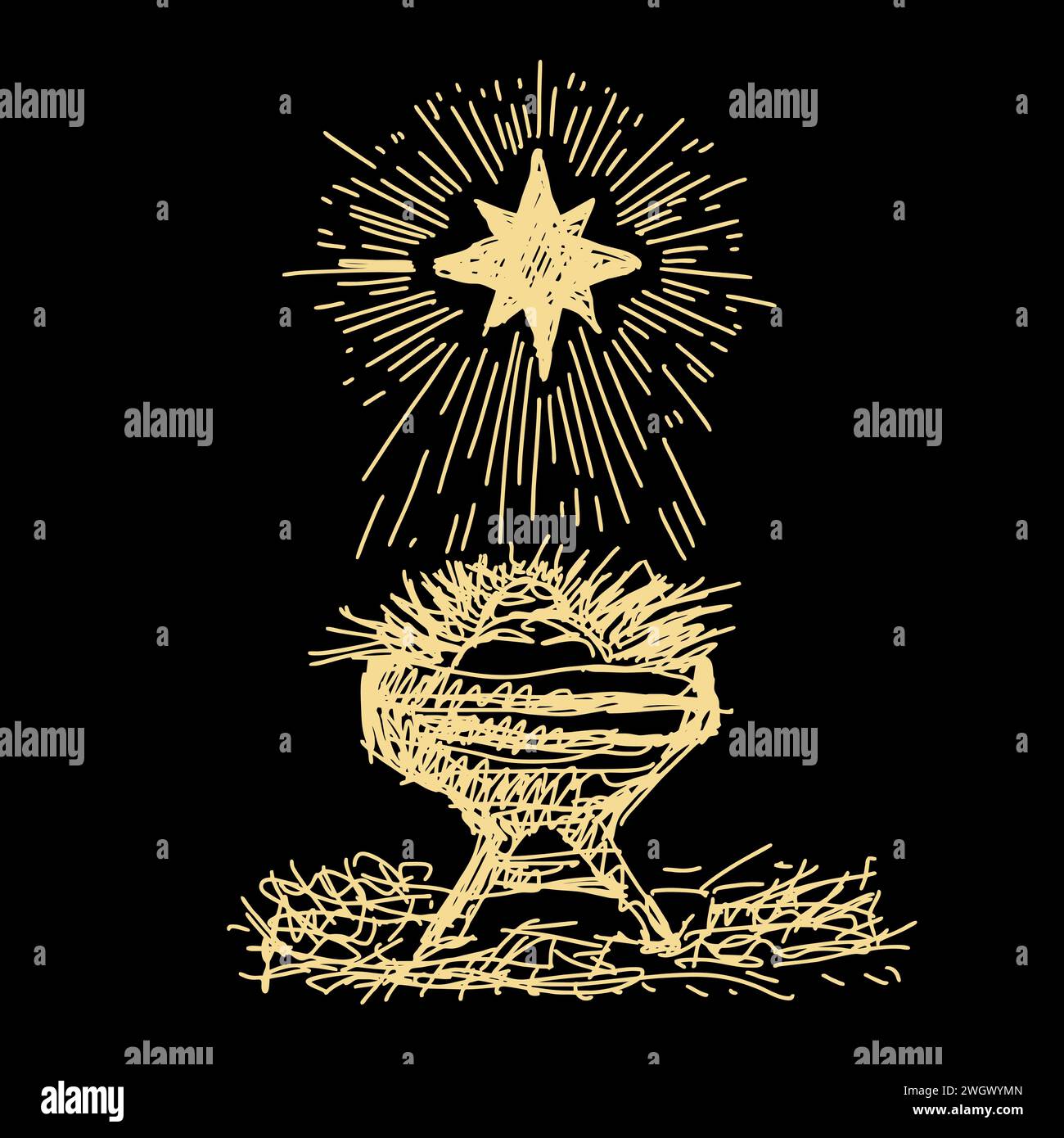 The Nativity Scene. A hand-drawn manger for the baby Jesus. The Star of ...