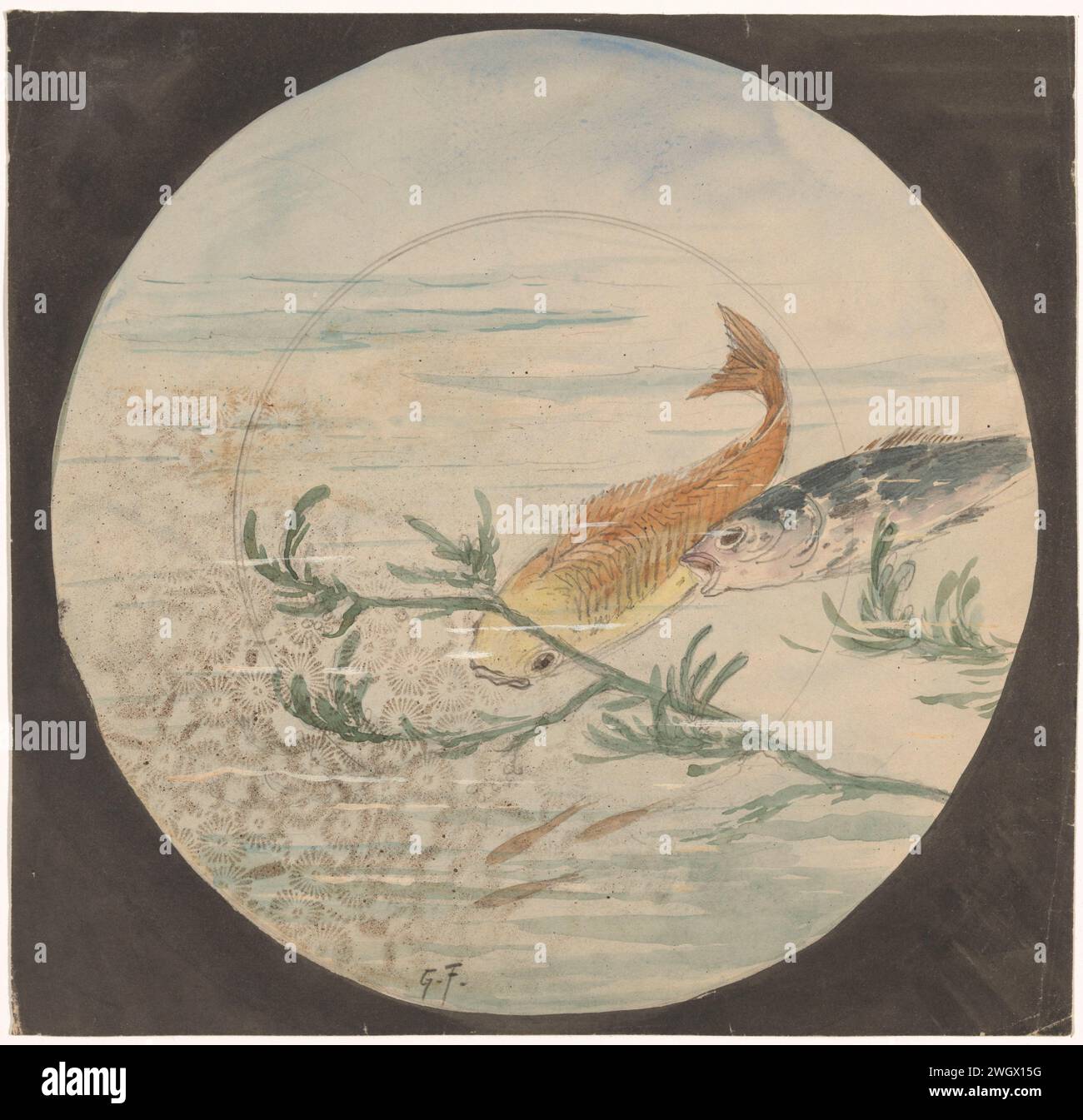 Design for a plate with a yellow and blue, down -swimming fish, Gustave ...