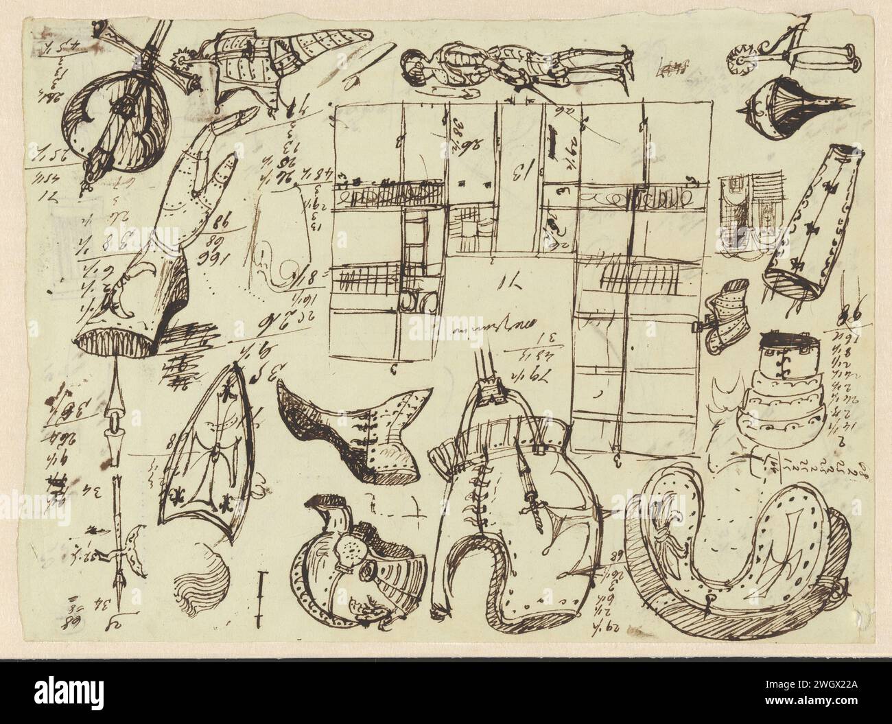 Harness parts and map, c. 1780 - c. 1790 drawing Sketch leaf with parts ...