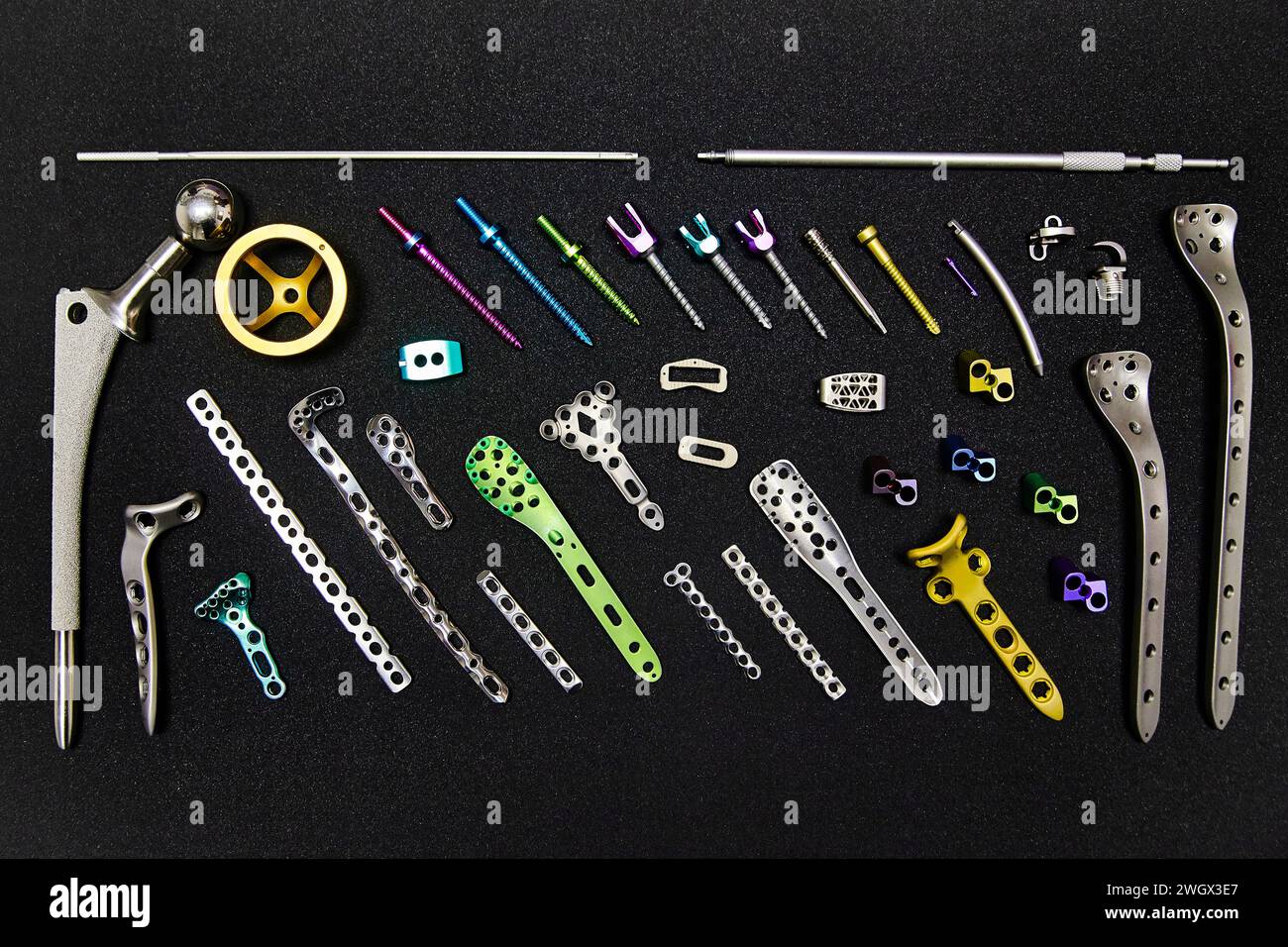 Surgical Instruments and Orthopedic Implants on Black Background Stock ...