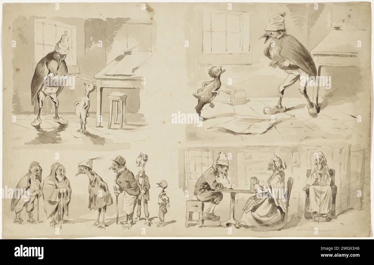 Cartoon with birds, Pieter van Loon, 1811 - 1873 drawing paper pen ...