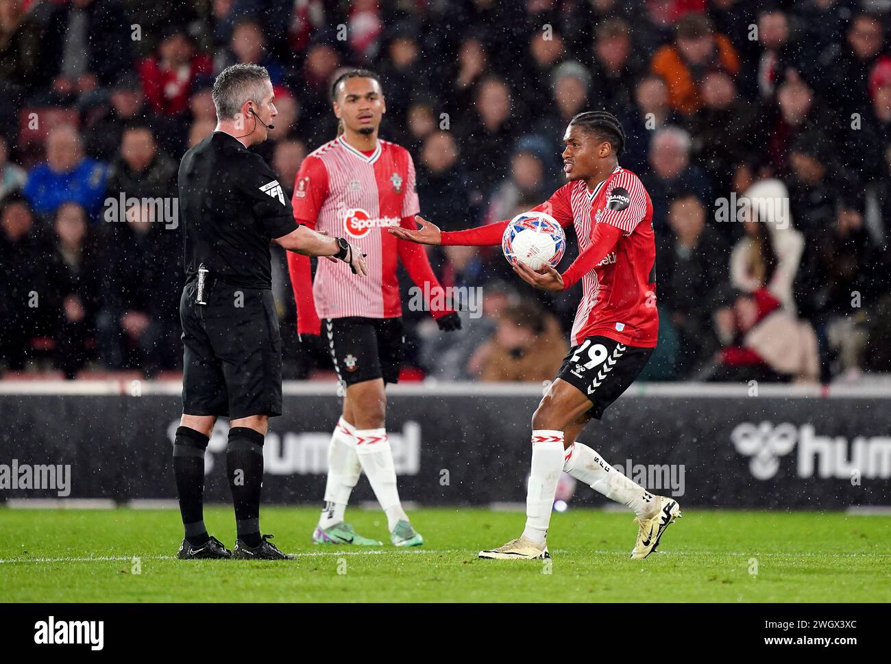 Southampton's Jayden Meghoma appeals to referee Darren Bond during the ...
