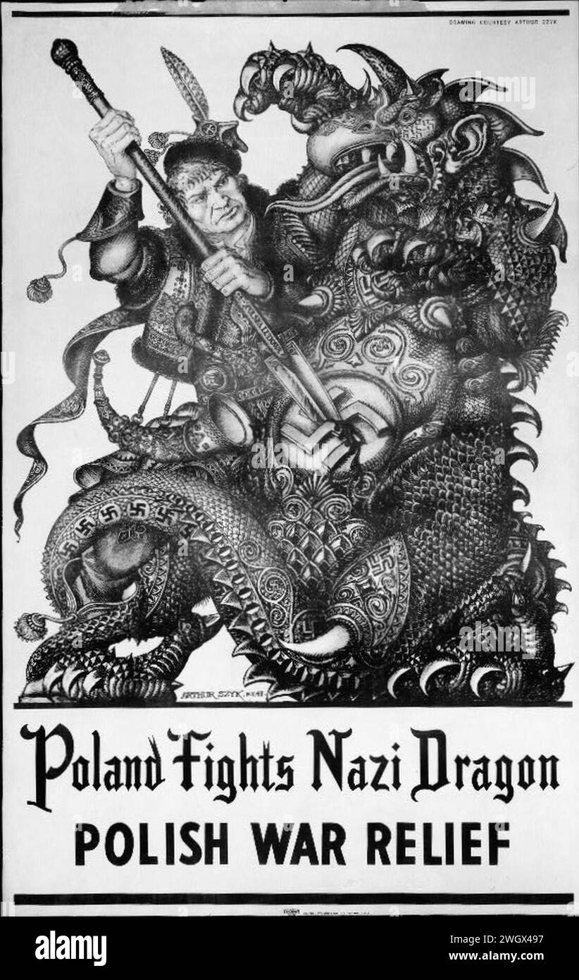 Arthur Szyk 1894-1951. Poland fights Nazi dragon, Polish war relief. US ...
