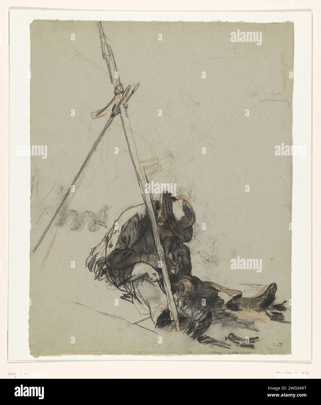 A mower, Jac van Looij, 1898 drawing Sitting mower who is having his ...