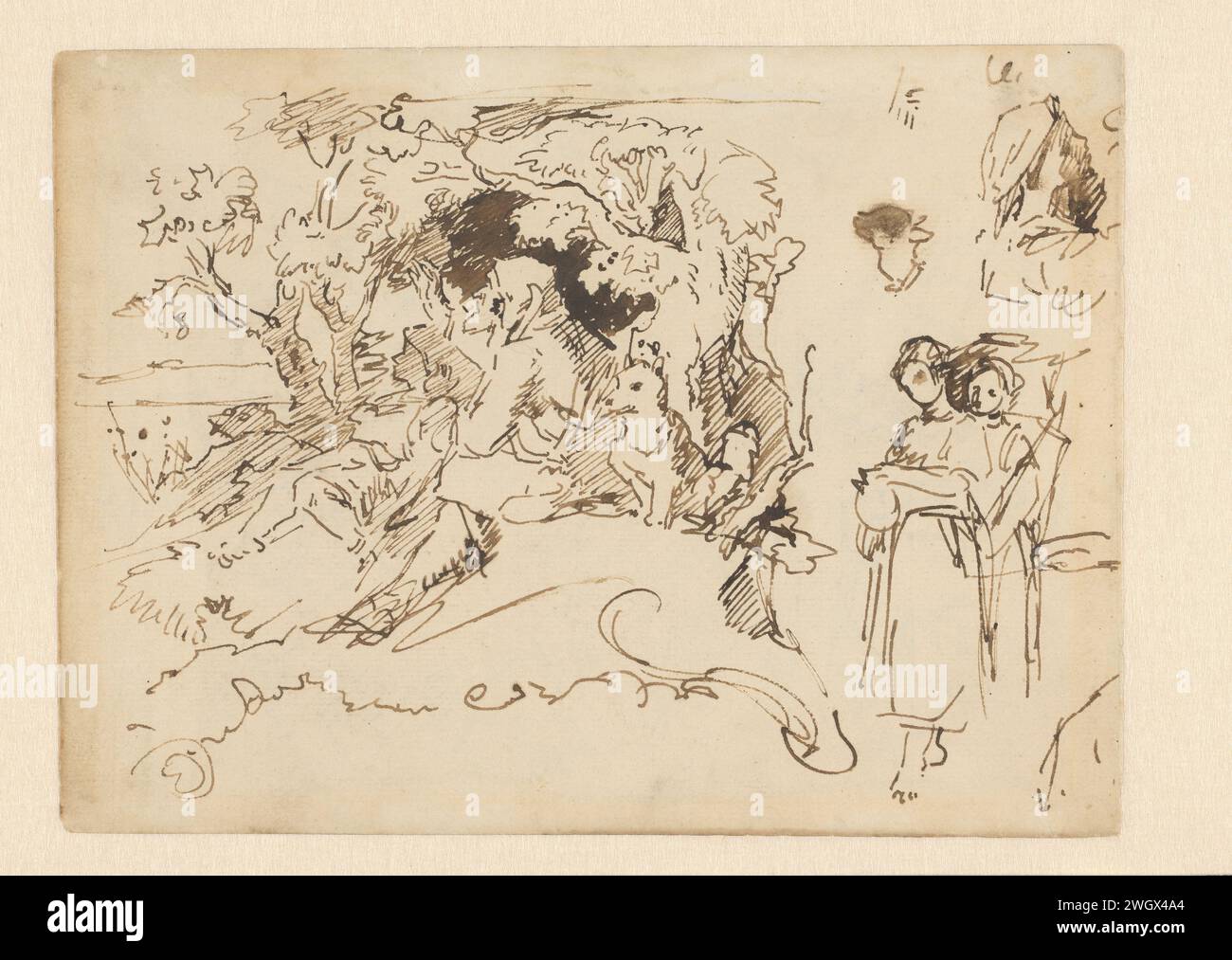 Study leaf with an old man with his dog, two standing girls and a man's ...