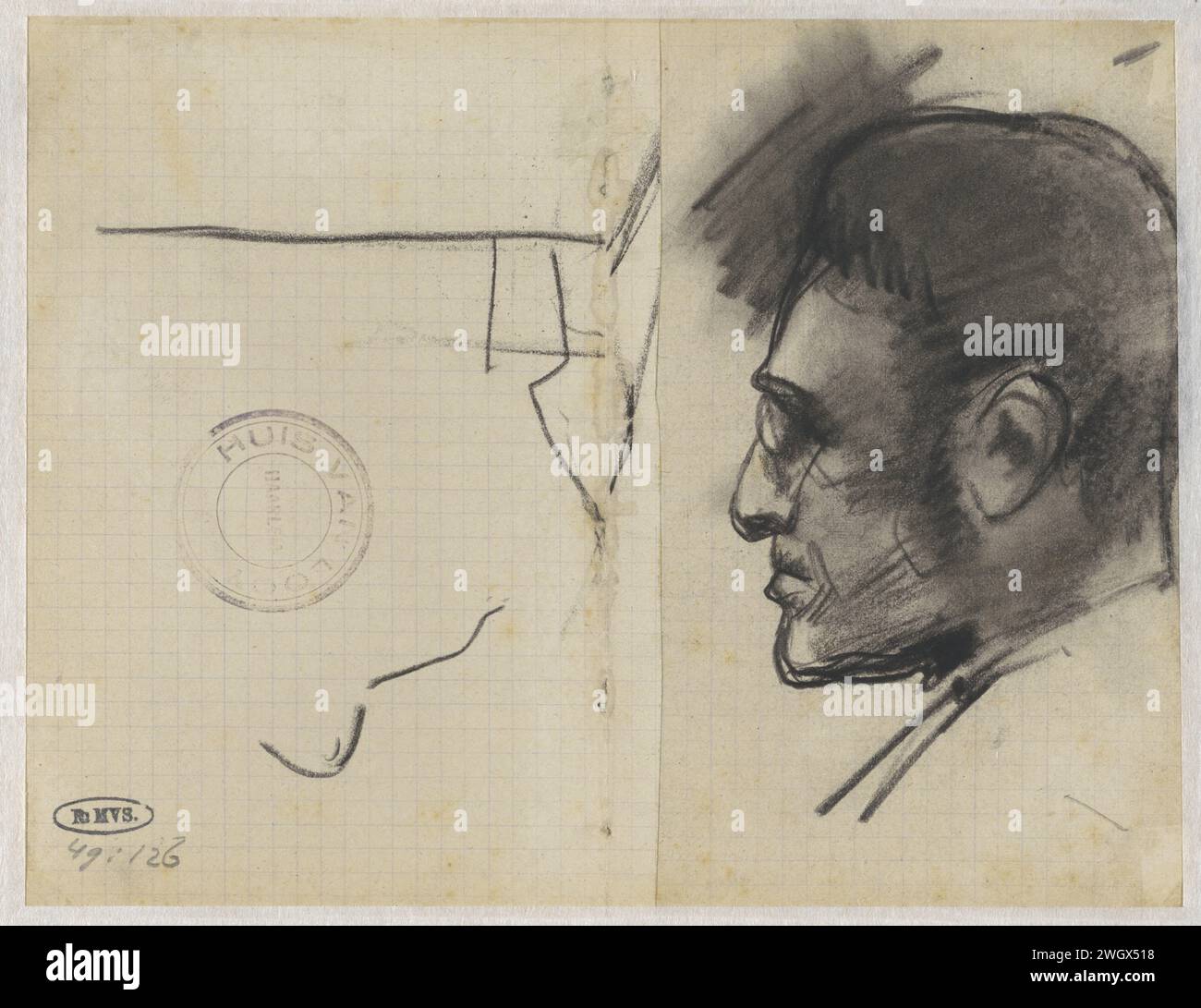 Manskop, to the left, Jac van Looij, 1865 - 1930 drawing chalk Stock ...