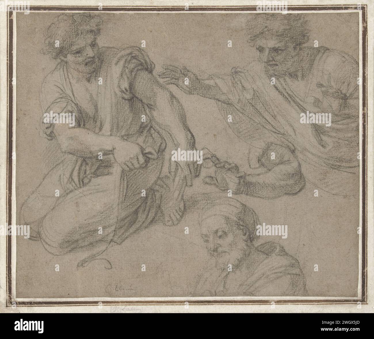 Studies of a kneeling man, semi -figure, arm and bust, G. Ladan, 1700 ...