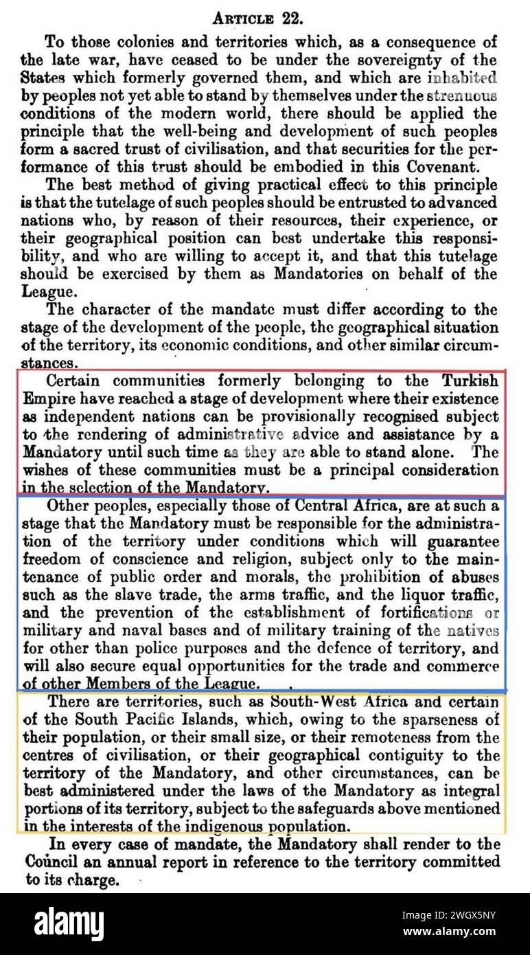 Article 22 of Covenant of the League of Nations, highlighting the three ...