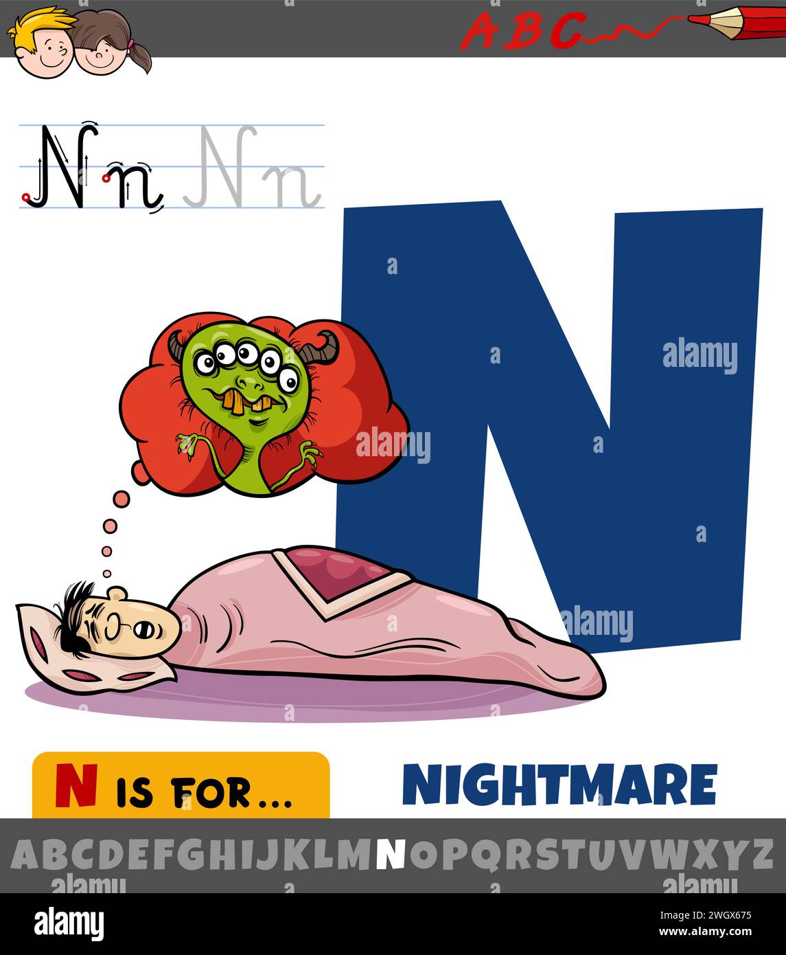 Educational cartoon illustration of letter N from alphabet with ...