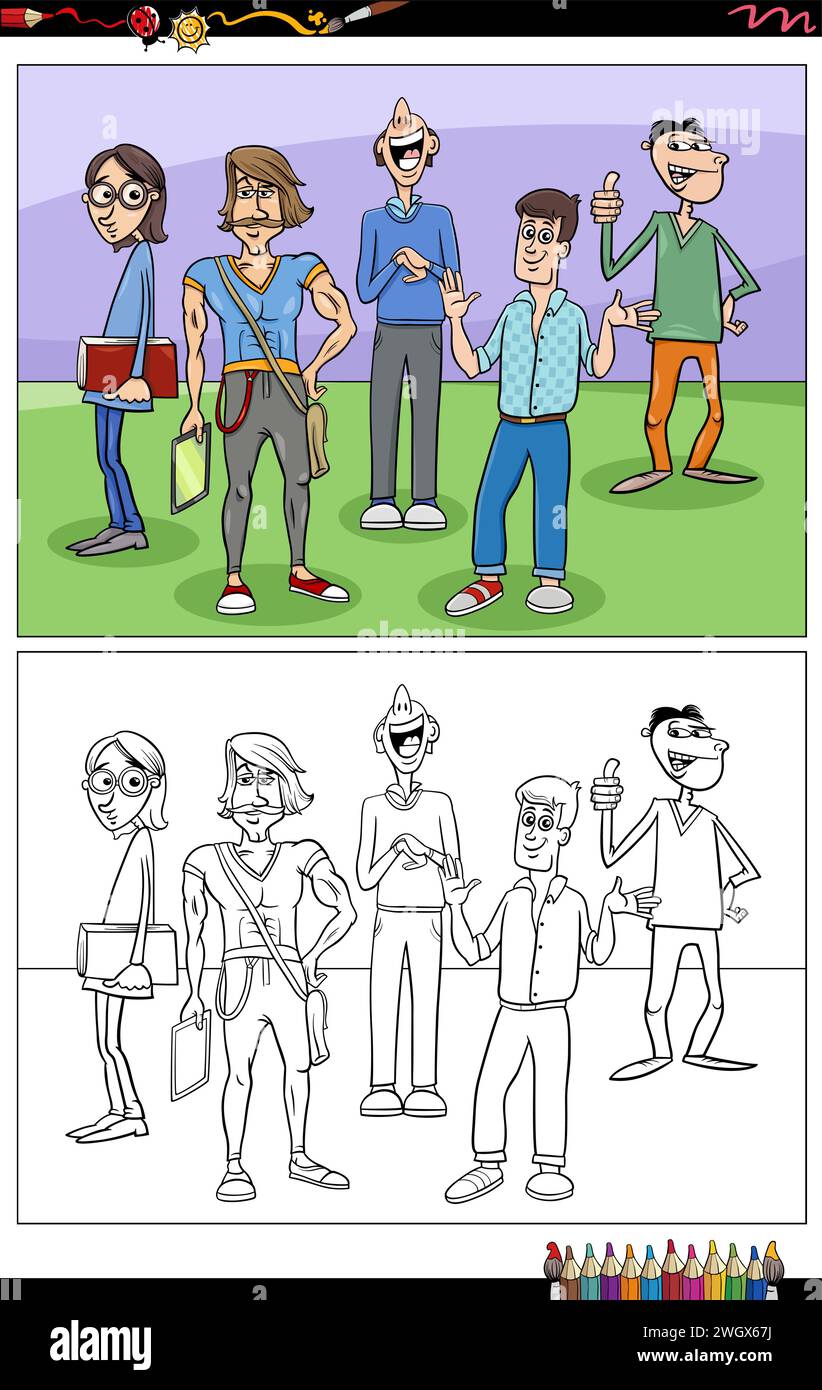 Cartoon illustrations of funny young men characters group coloring page ...