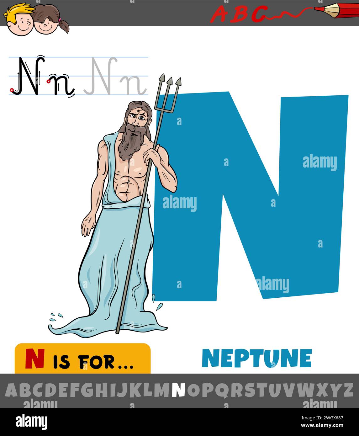 Educational cartoon illustration of letter N from alphabet with Neptune ...