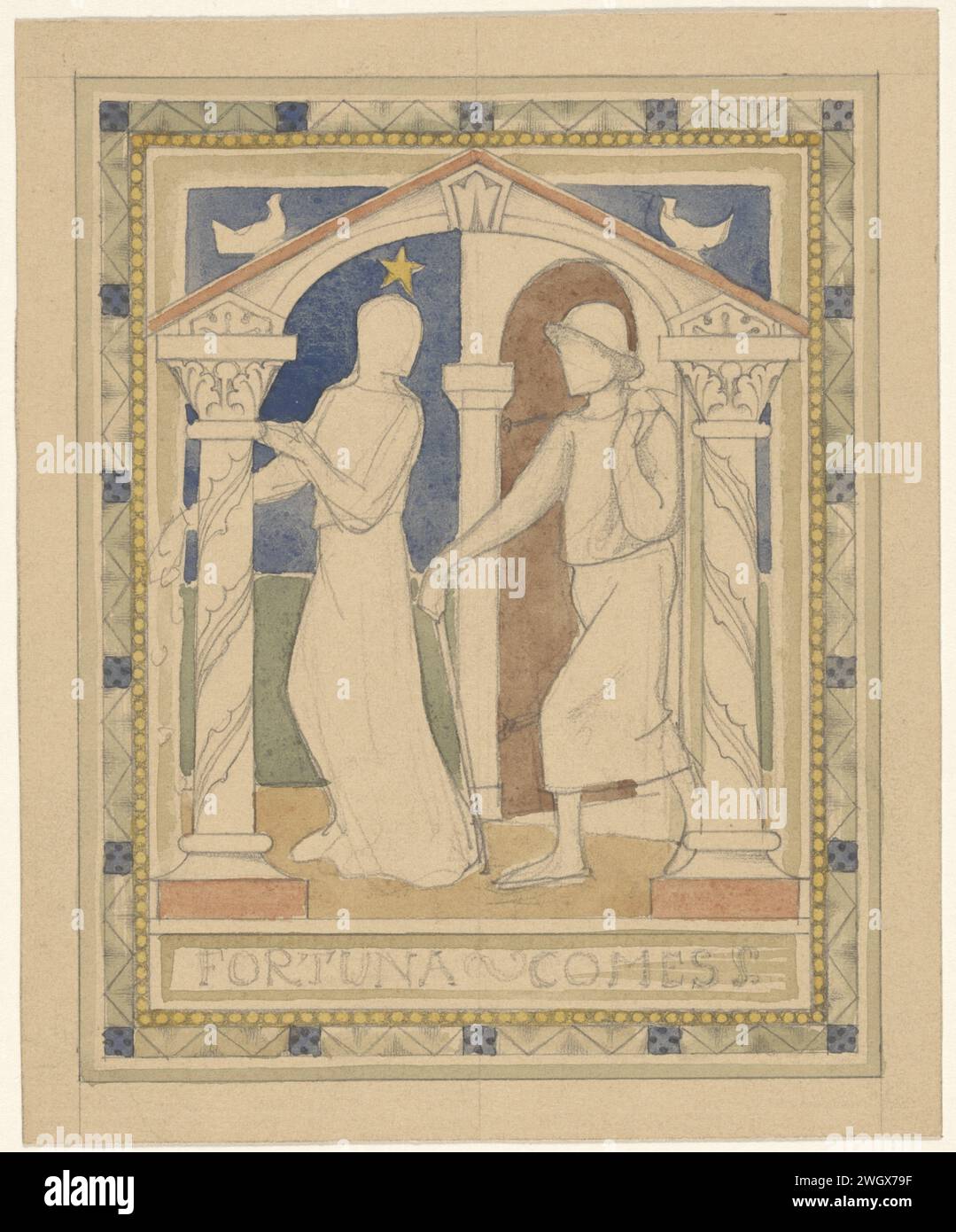 Fortuna Comes, Antoon Derkinderen, 1869 - 1925 drawing Design for glass ...