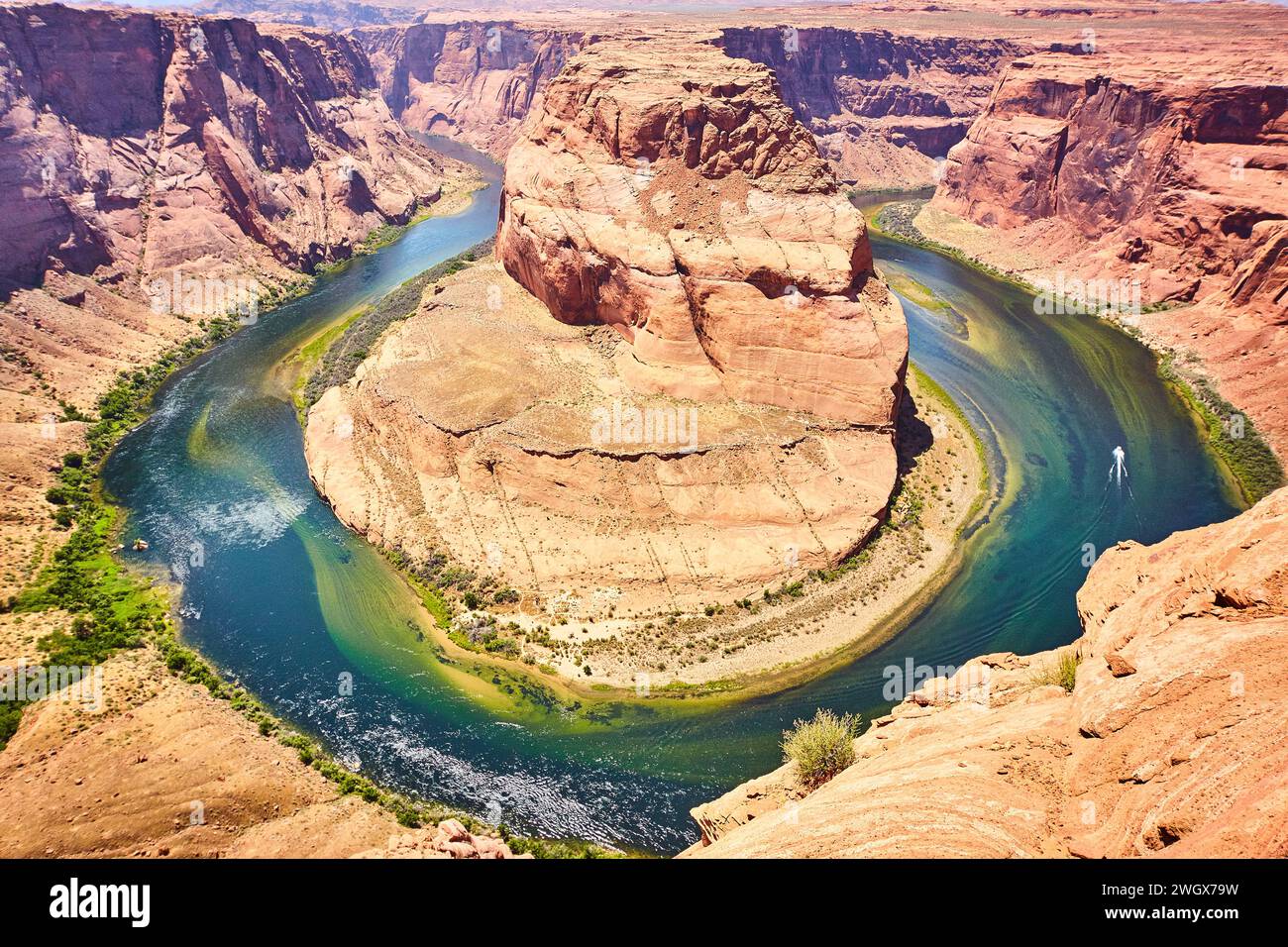 Horseshoe Bend Overlook with Boat on Colorado River, Arizona Stock ...