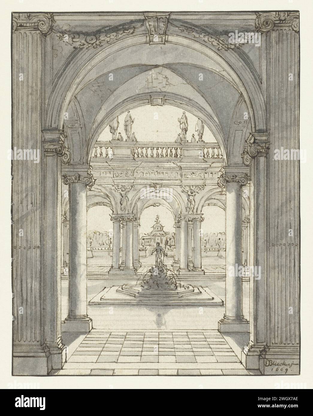 Square in front of a Renaissance Palace, Daniël De Blieck, 1669 drawing ...
