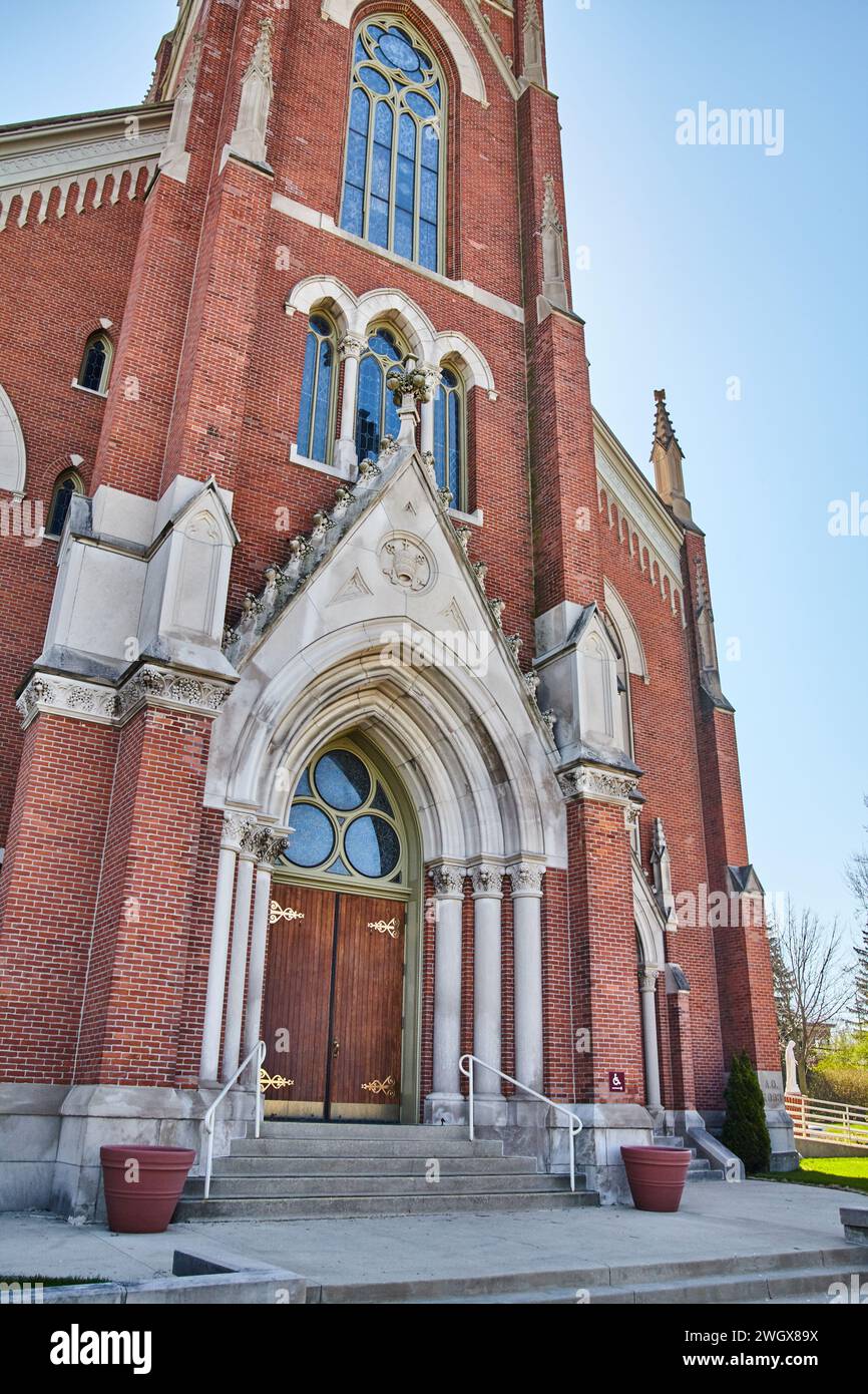 Red Brick Gothic Church Facade with Stained Glass, Fort Wayne Stock ...
