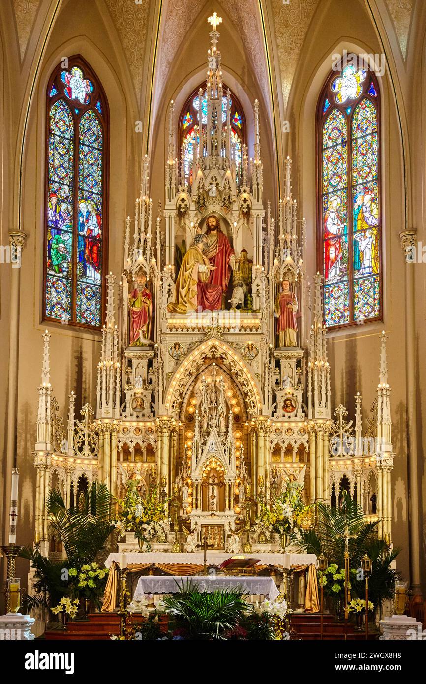 Gothic Revival Church Altar and Stained Glass, Indiana Stock Photo - Alamy