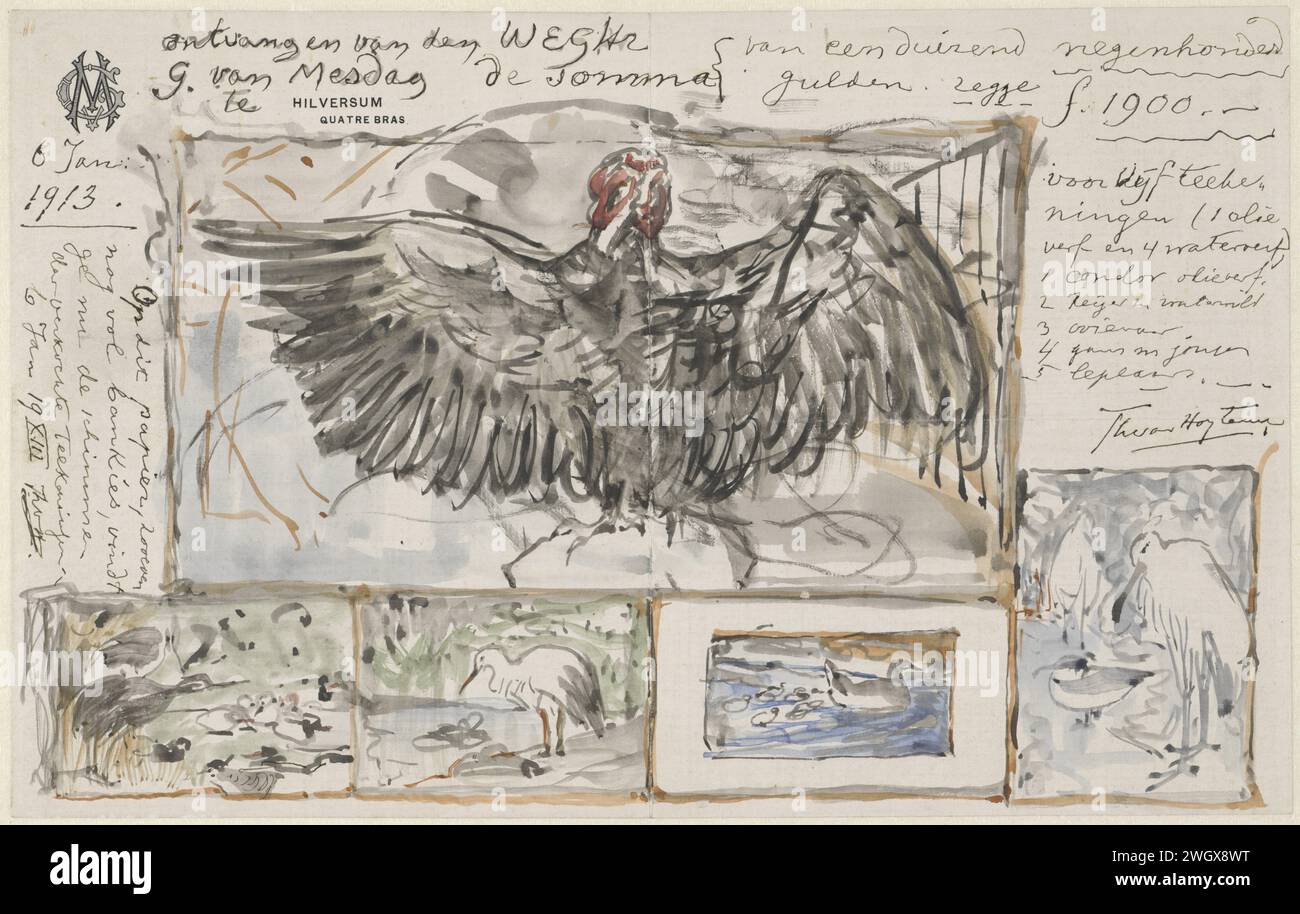 Five sketches to works by Vogels, Theo van Hoytema, 1913 drawing Proof ...