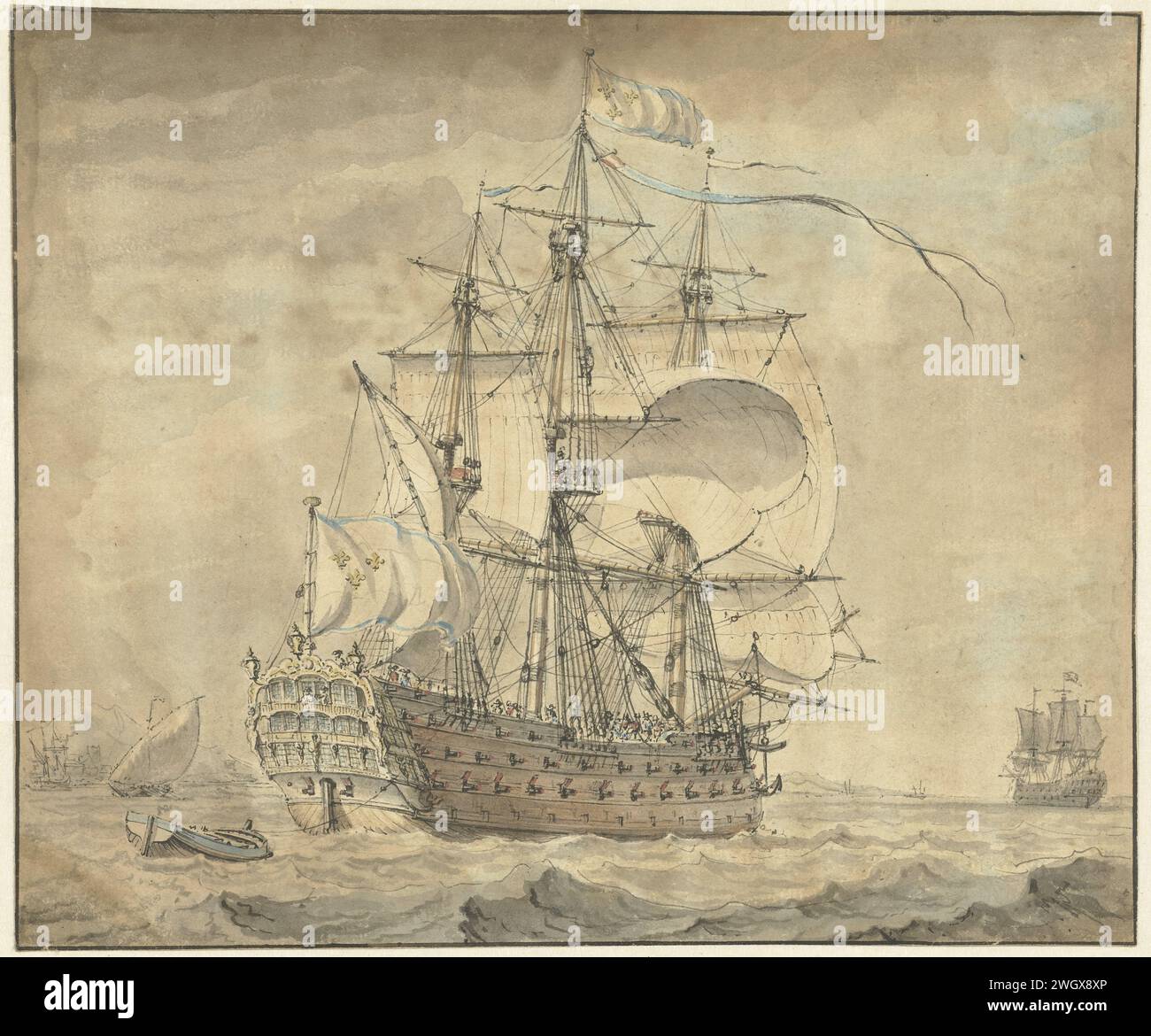 A French three-Deks War Ship with full sails, Johannes Swertner, 1770 ...